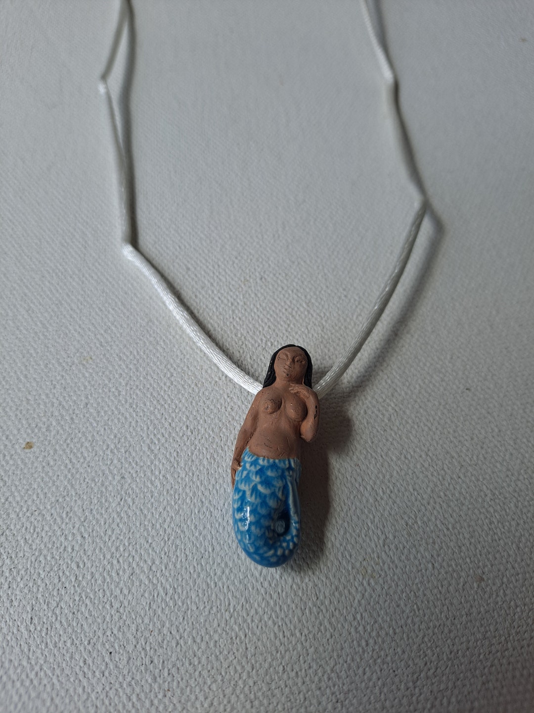 Black-haired Dark Skin Mermaid Clay Pendant on White Cord - Etsy