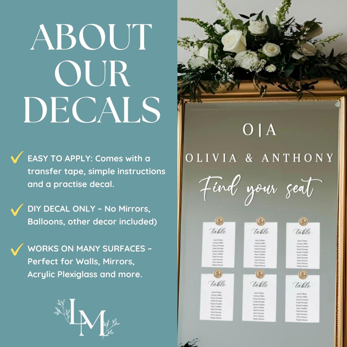 Find Your Seat Wedding Decal Custom Mirror Seating Chart Decal Elegant ...