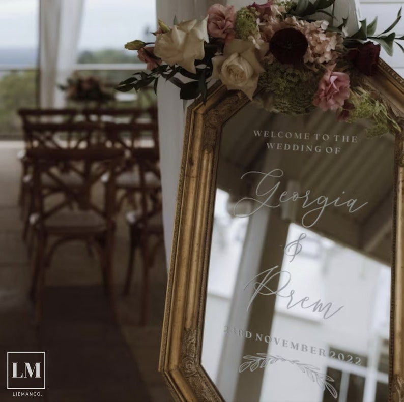 Elegant Wedding Reception Decal for Mirror, Rustic Gold Wedding Mirror ...