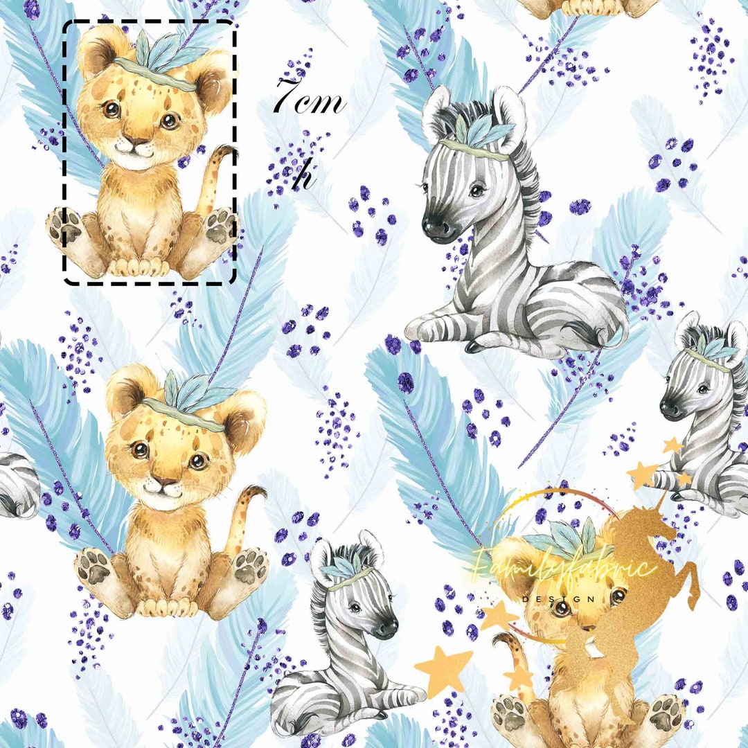 Oekotex Fabric Eucalyptus Blue Feathers Lion Cotton / Double Gauze ...