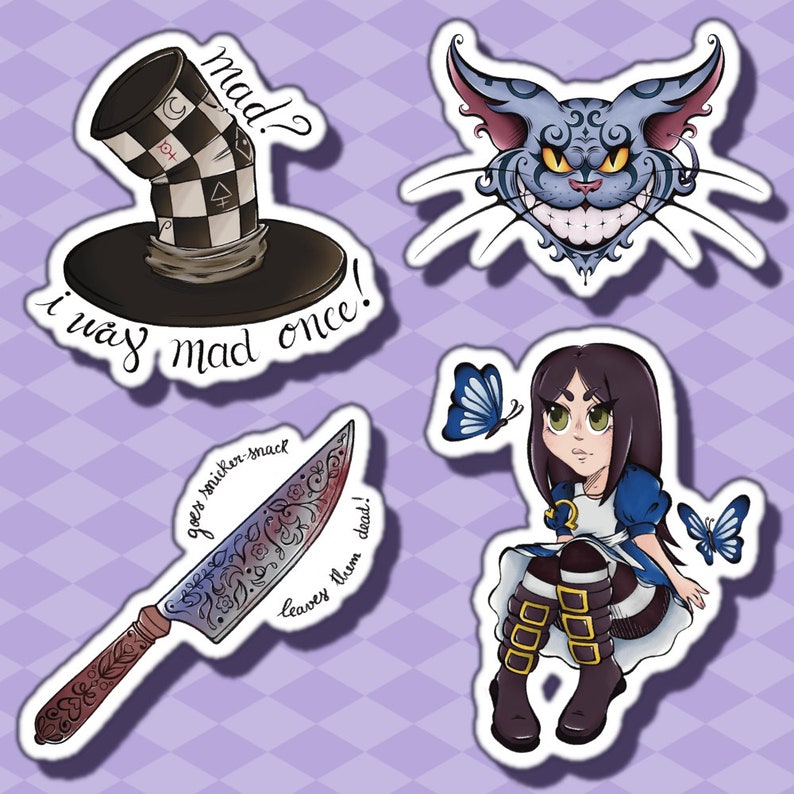Madness Vinyl Stickers Chibi Alice, Vorpal, Mad Hatter and Cheshire Cat ...