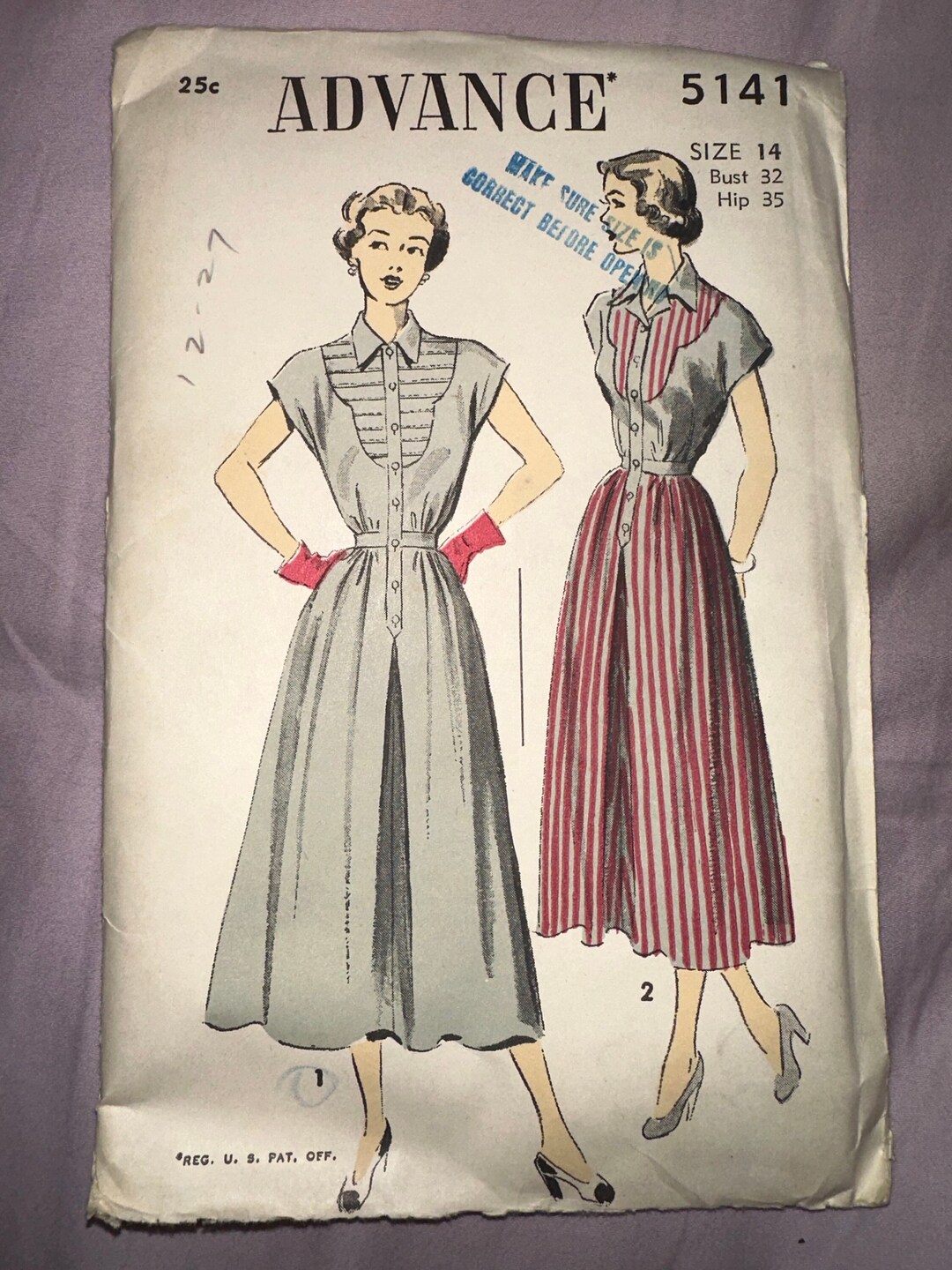 Vintage 1940's Sewing Pattern - Advance 5141 Misses' Size 14 Bust 32 ...