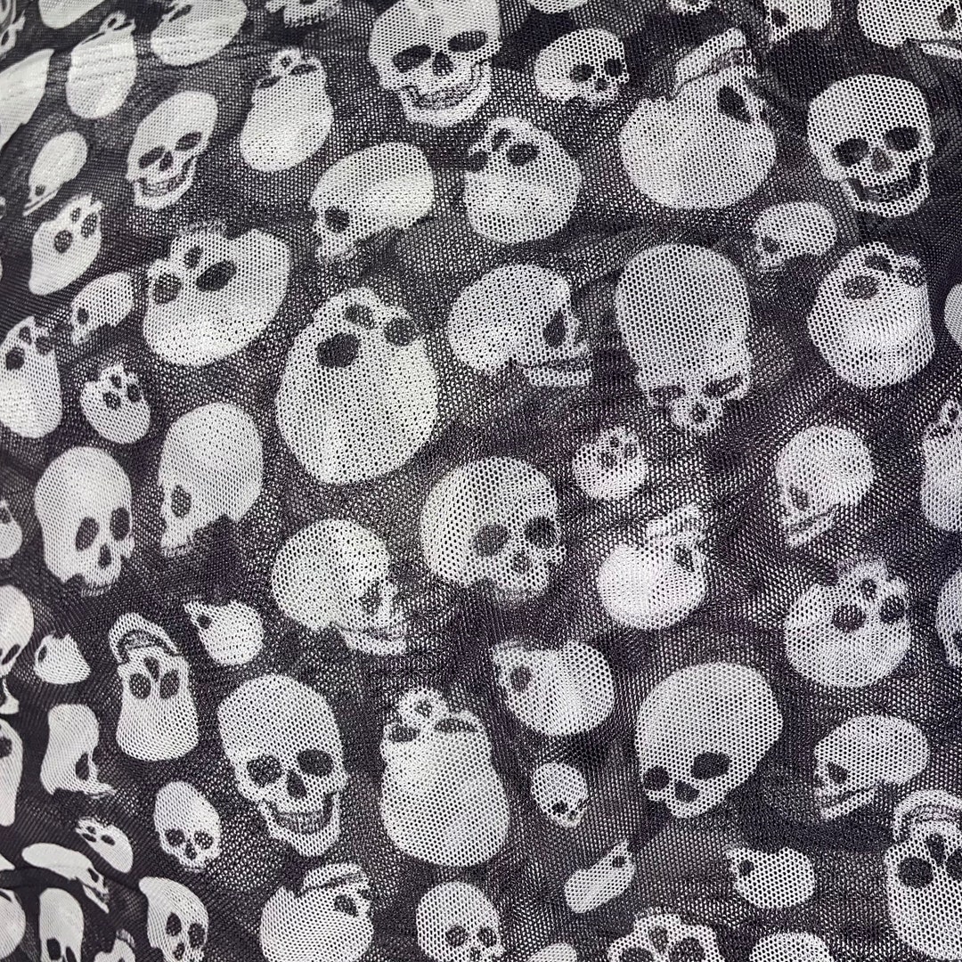 Stretch Poly Spandex Power Mesh Sheer Fabric Skulls on Black Skeleton ...