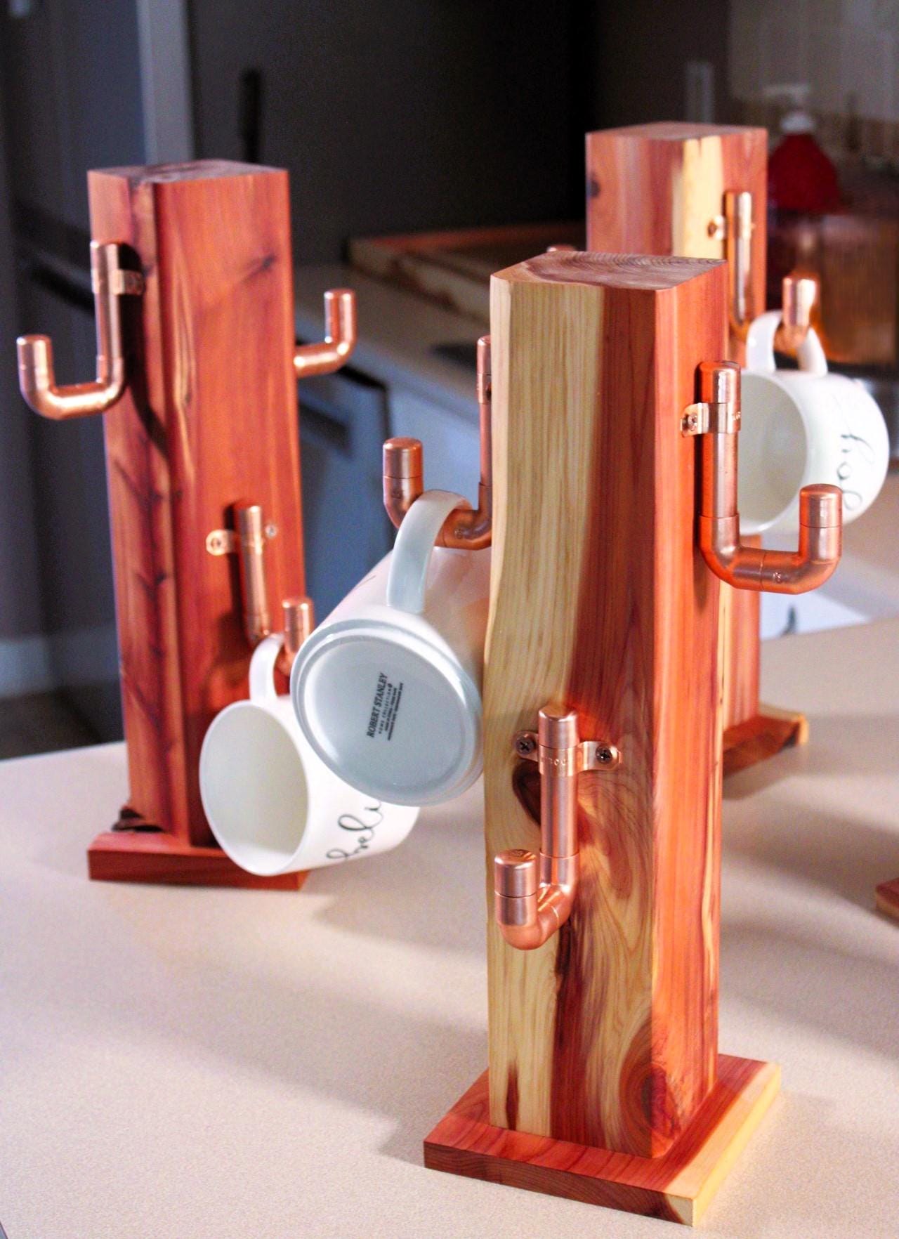 Rustic Cedar Mug Tree Holder With Copper Hooks I Kitchen Counter ...