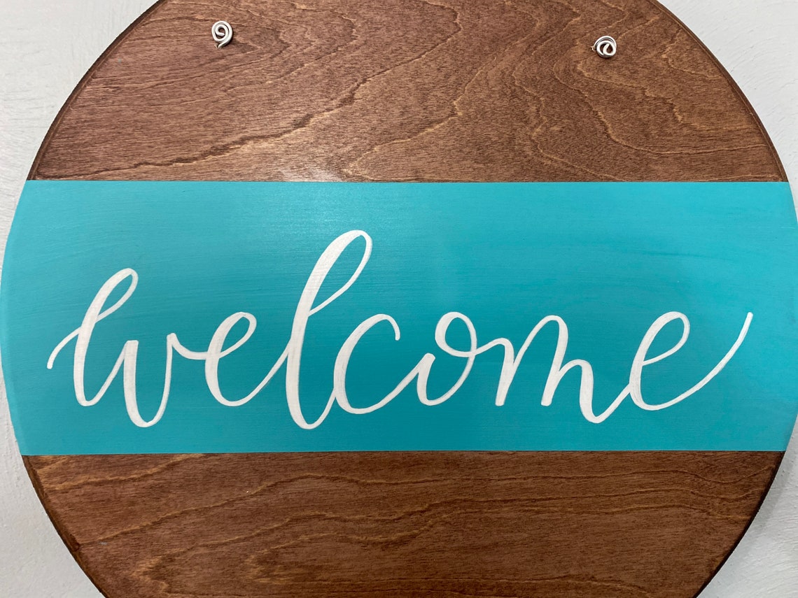 Teal Welcome Wooden Sign Welcome Door Hanger Welcome Sign | Etsy