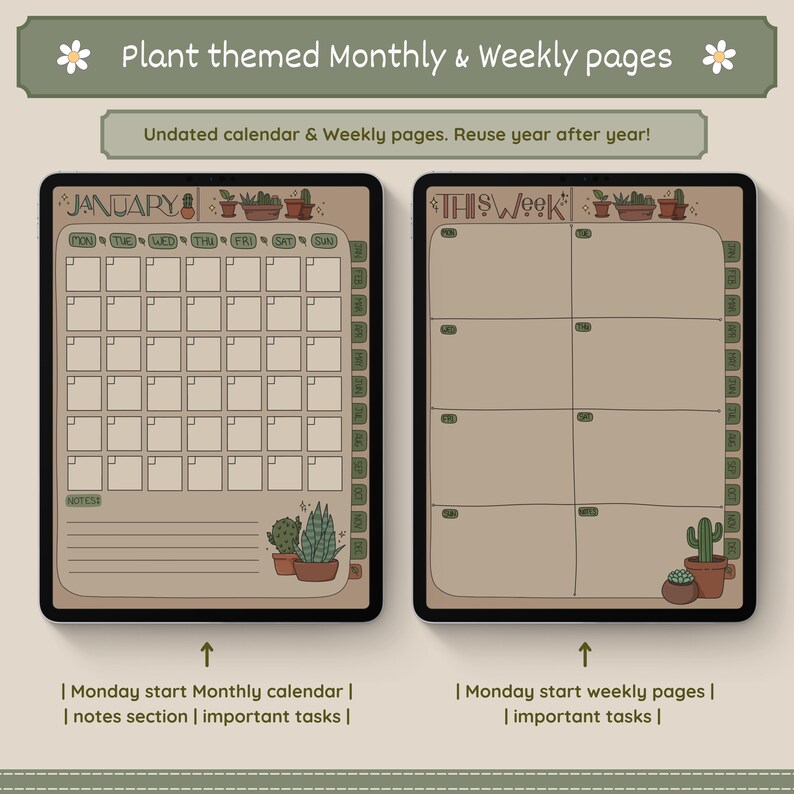 UNDATED Digital Planner | Plants & Succulents iPad Planner | Hand Drawn ...