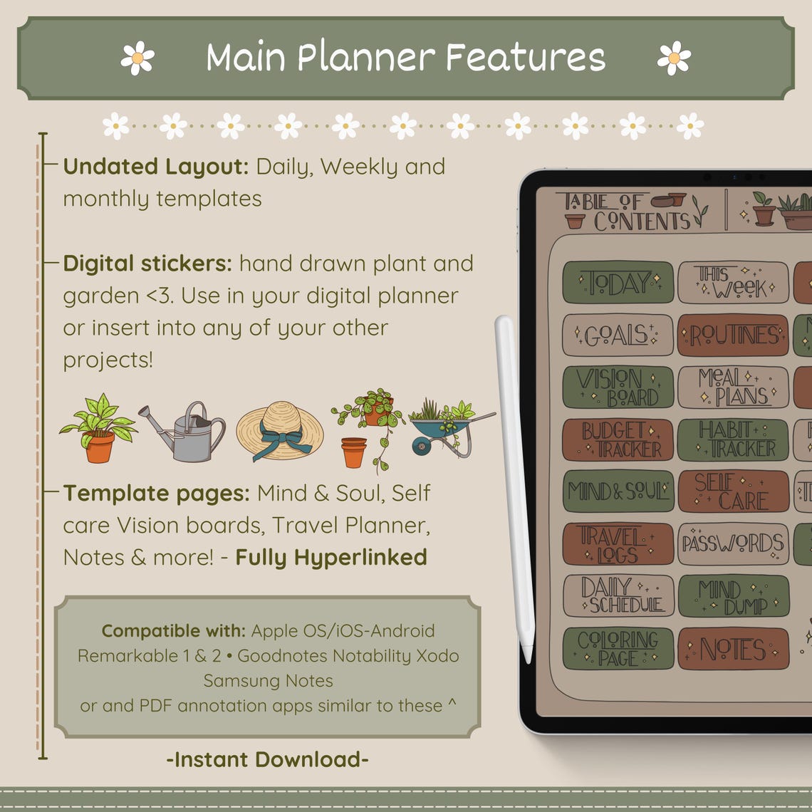 UNDATED Digital Planner | Plants & Succulents iPad Planner | Hand Drawn ...