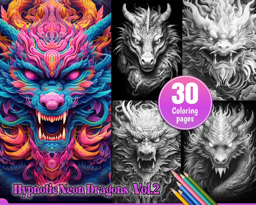 Hypnotic Neon Dragons Grayscale Coloring Book Fantasy Dragons Art ...