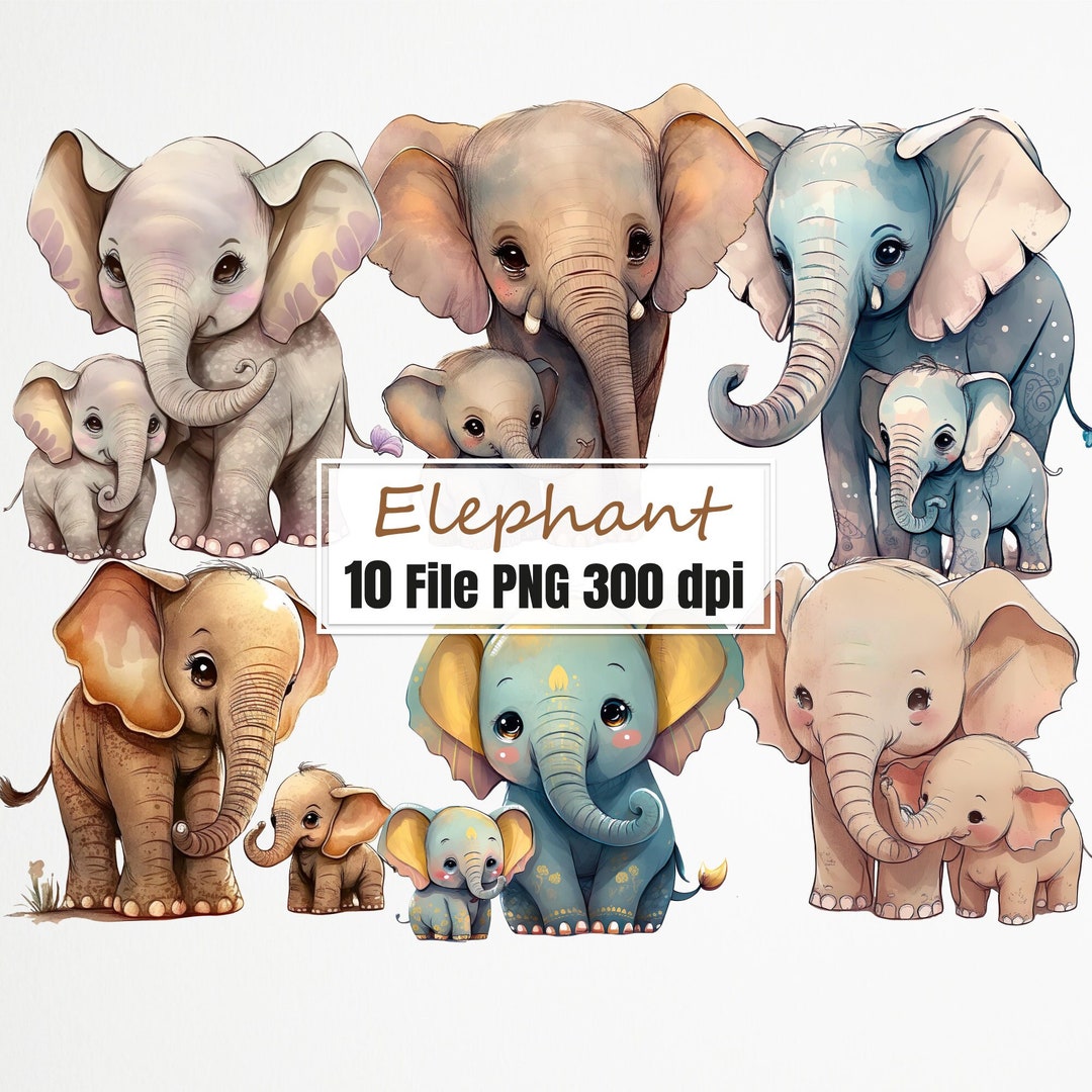 Mom and Baby Elephant, Mother and Baby Elephant Watercolor Clipart Png ...