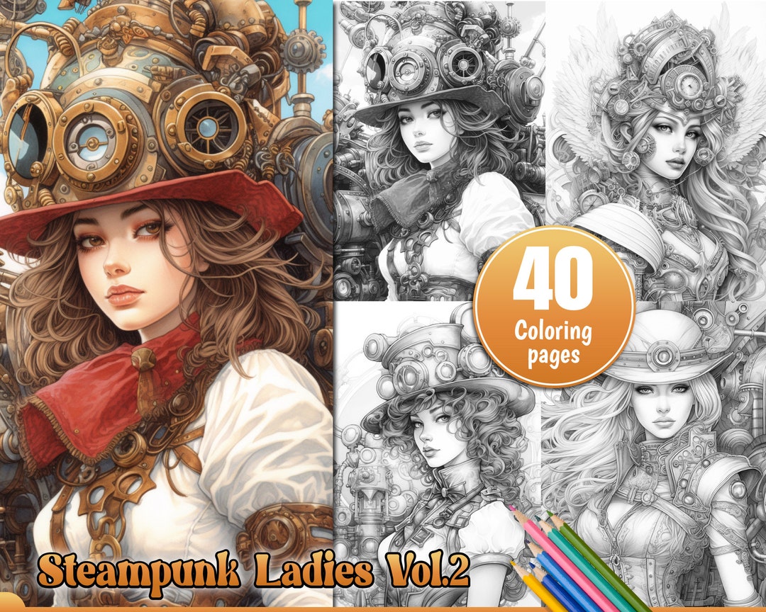 Steampunk Ladies Coloring Book Vol.2, Grayscale Coloring Book, Girls ...