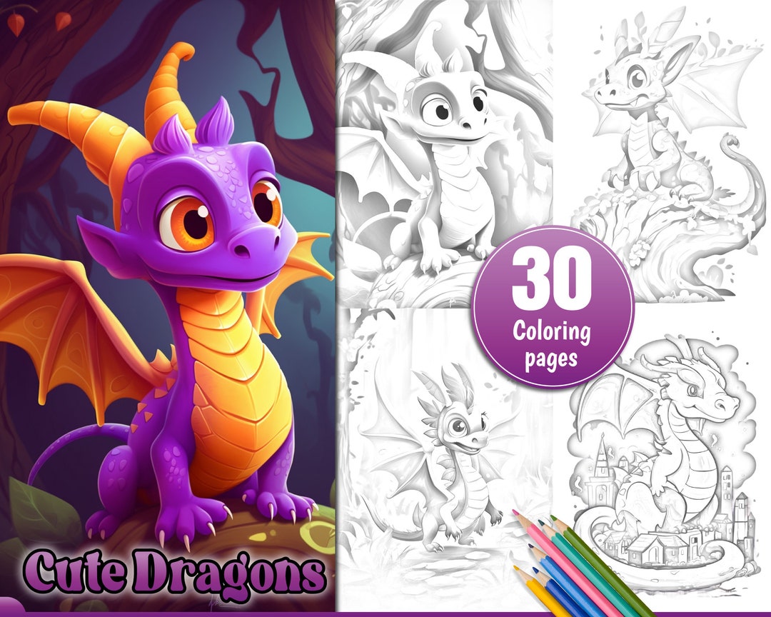 30 Cute Dragons Coloring Pages for Kids and Adults Fantasy, Grayscale ...