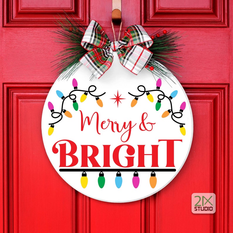 Merry and Bright Door Hanger Svg Round Door Sign Svg - Etsy