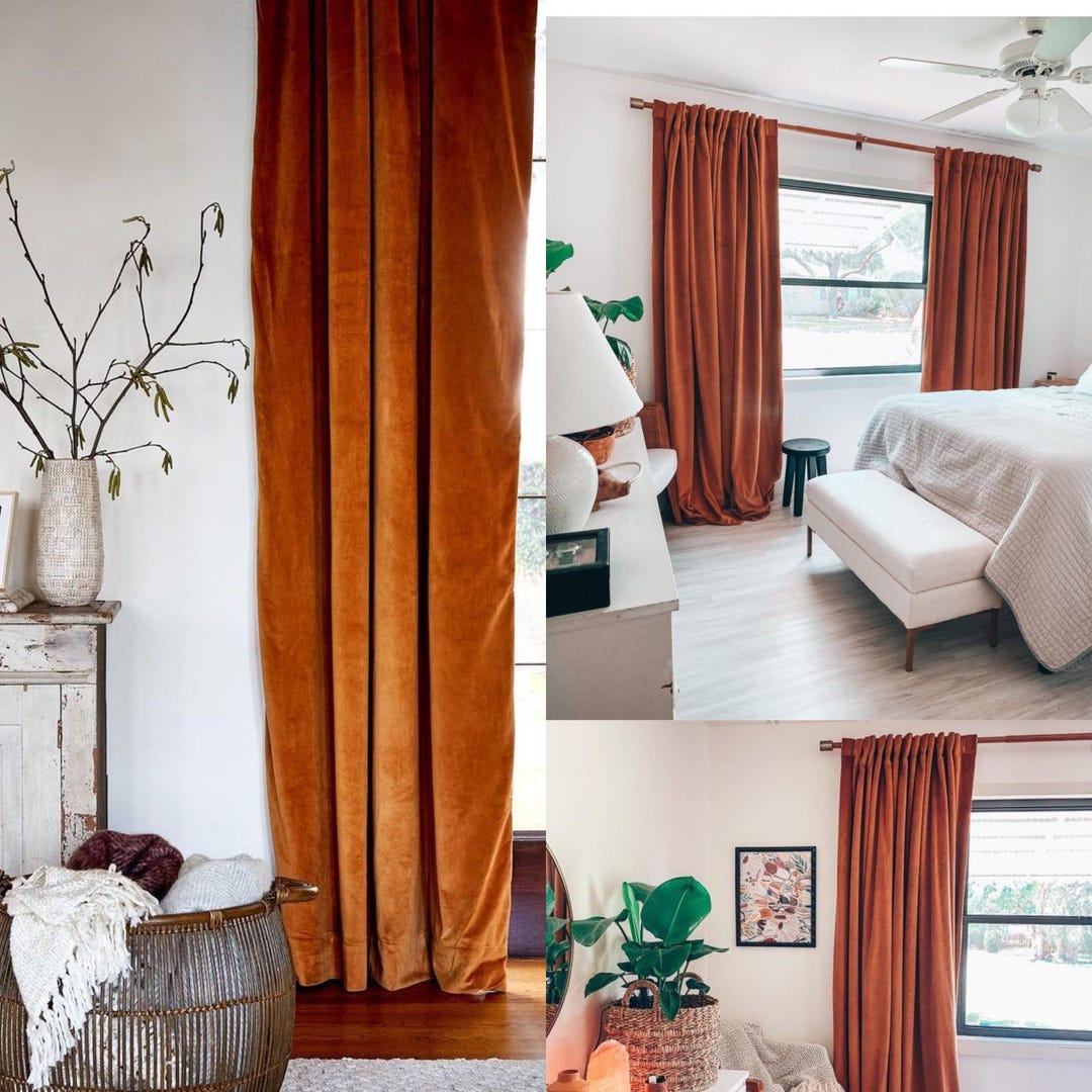 Set of 2 Burnt Orange Velvet Curtain Pinch Pleat Rust Velvet Custom ...