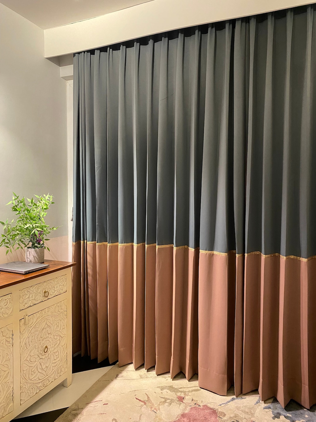Set of 2 Color Block Curtains Blackout Bedroom Curtains Room Darkening ...
