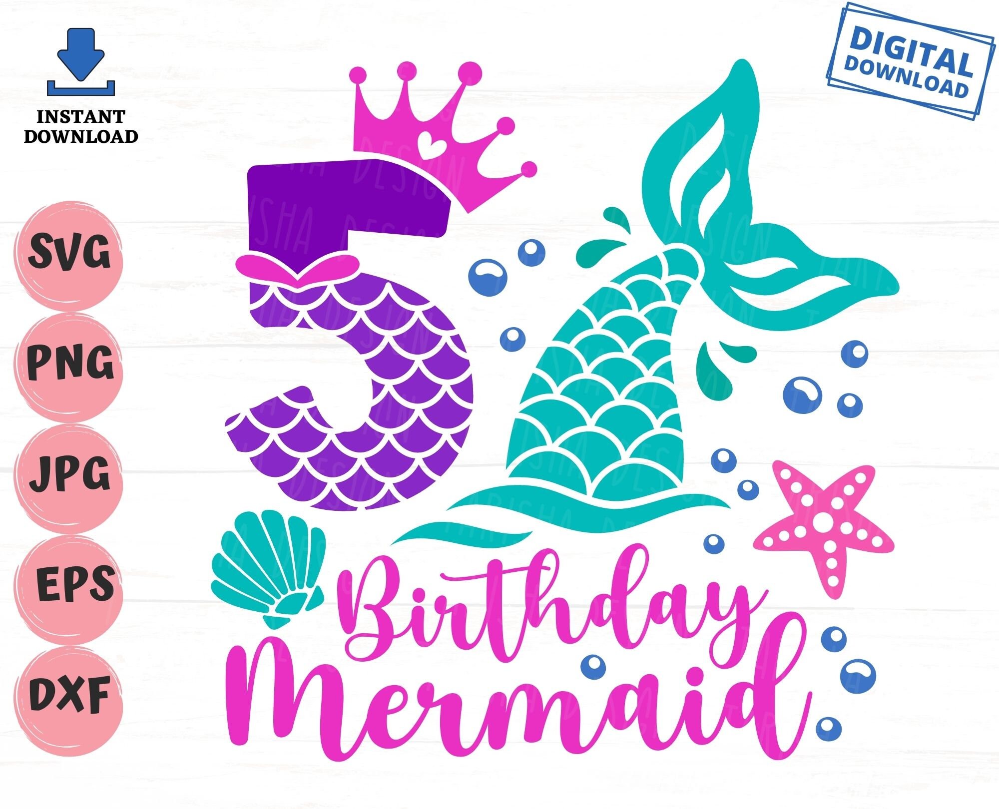5th Birthday Mermaid Svg, 5 Years Old Birthday Mermaid Svg, Mermaid ...