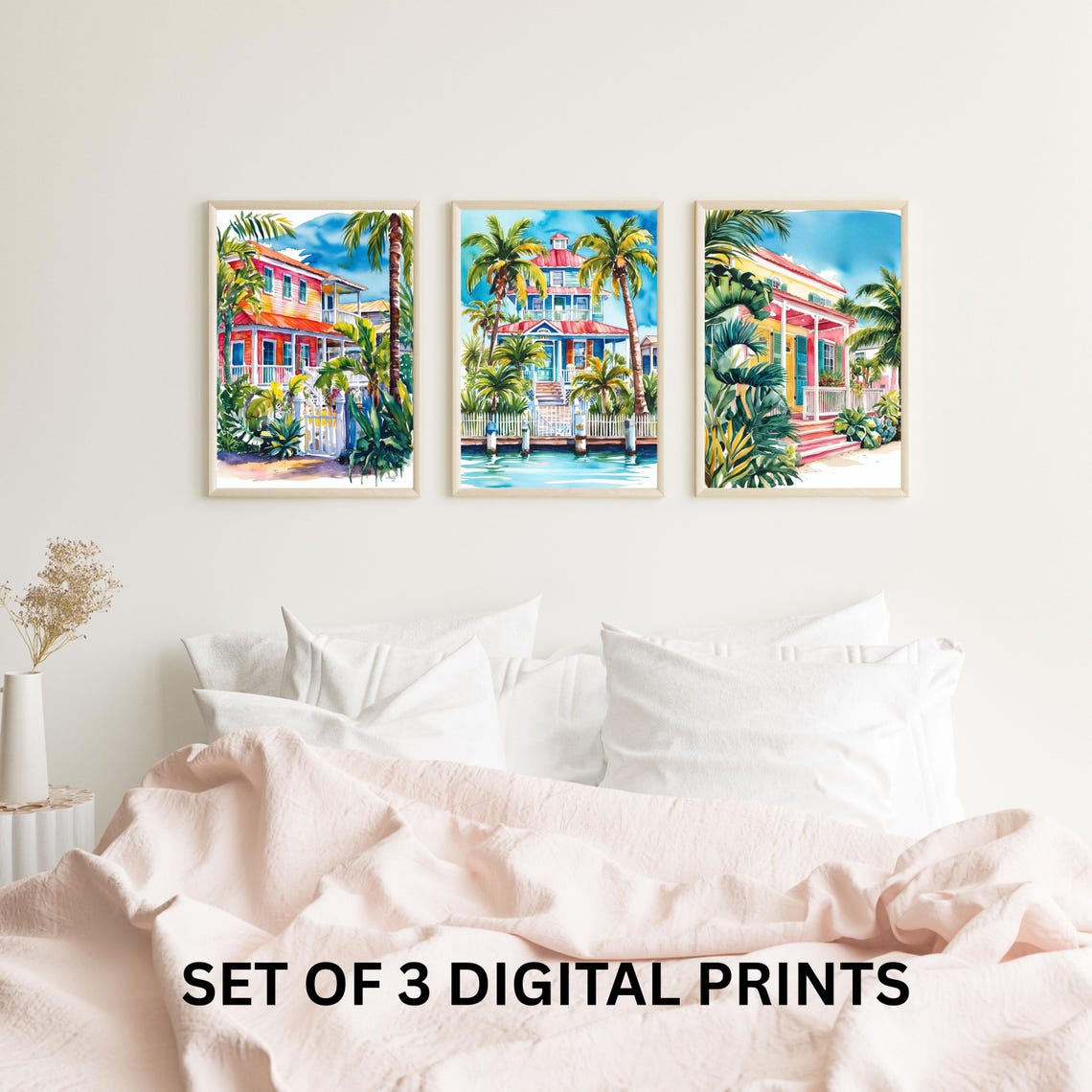 Set of 3 Tropical Watercolor Home Prints | Key West Coastal Wall Art ...
