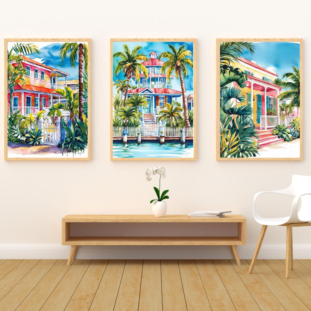Set of 3 Tropical Watercolor Home Prints | Key West Coastal Wall Art ...