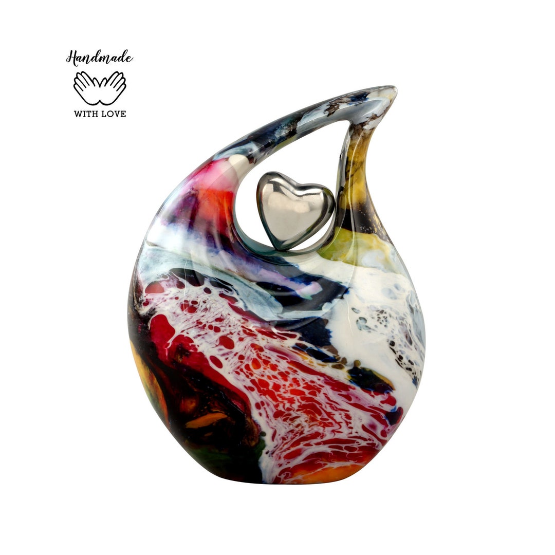Multicolored Teardrop Cremation Urn With Silver Mini Heart in Medium ...