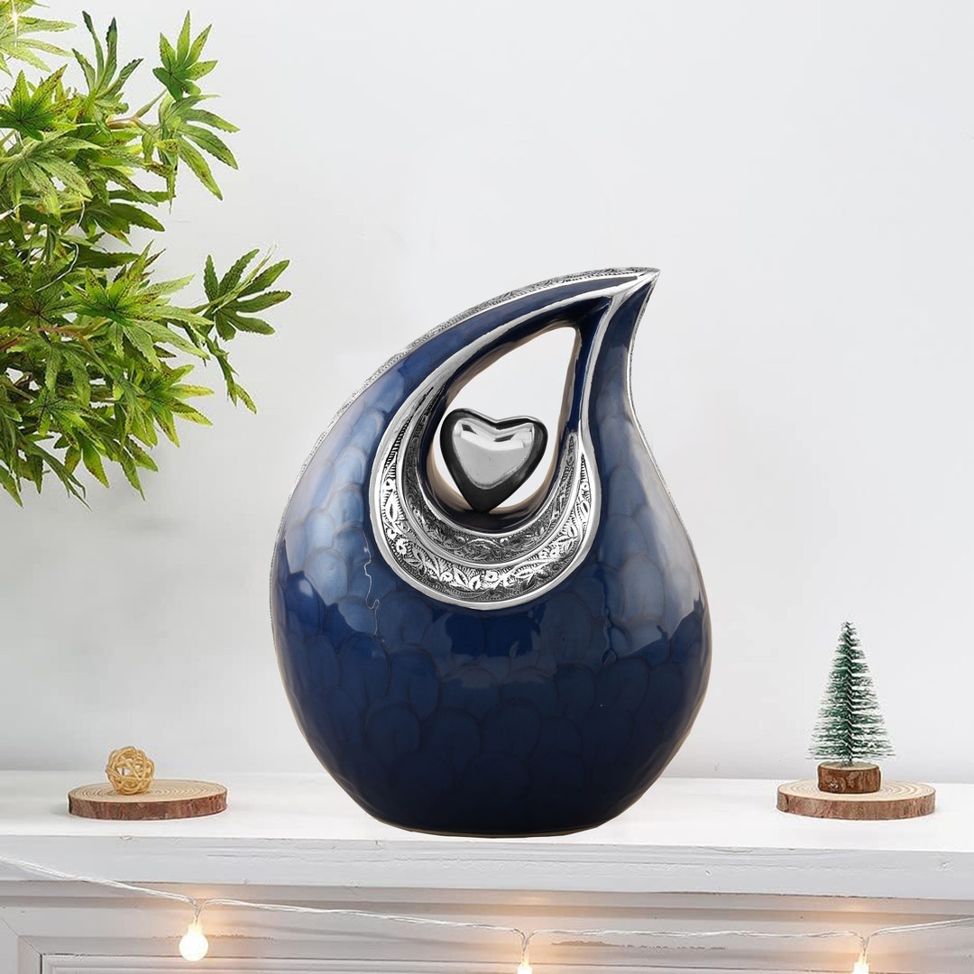 Teardrop Urn - Full Size Silver Engraved Blue Metal Teardrop Cremation ...