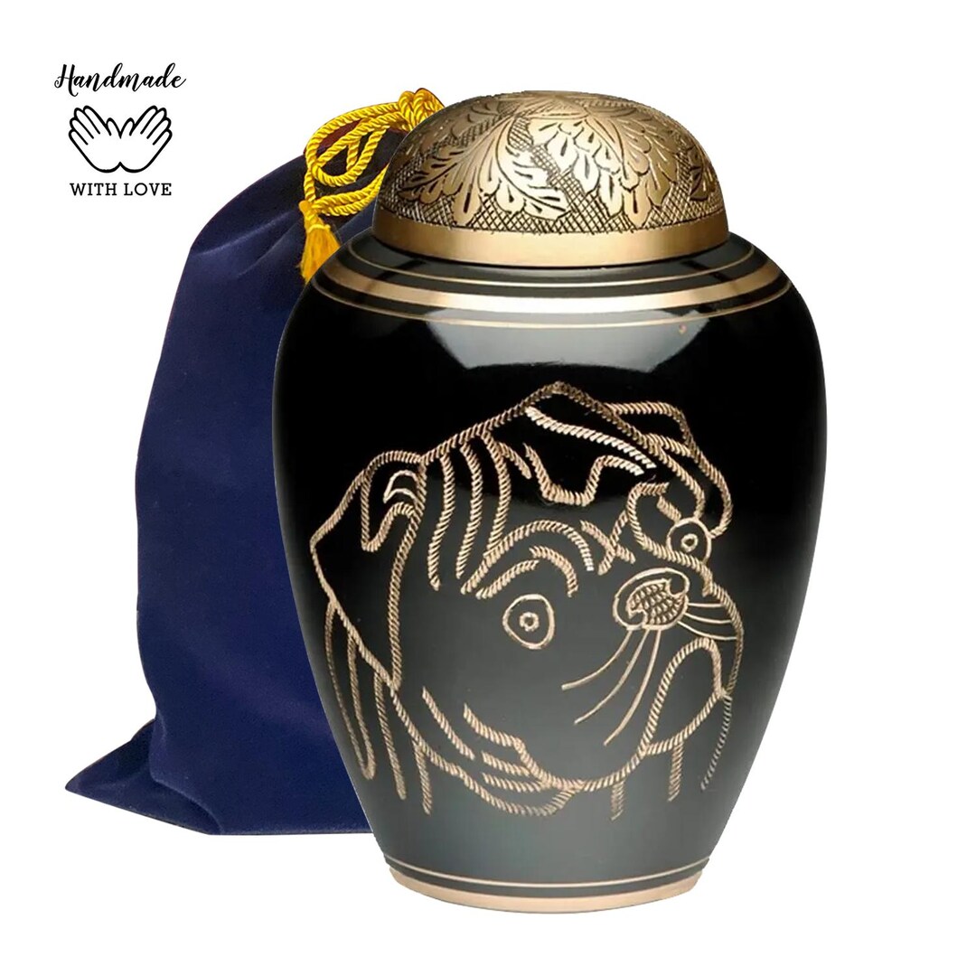 Dog Urn - Engraved Pug Face Urn for Pet Ashes - Black & Gold Pet ...