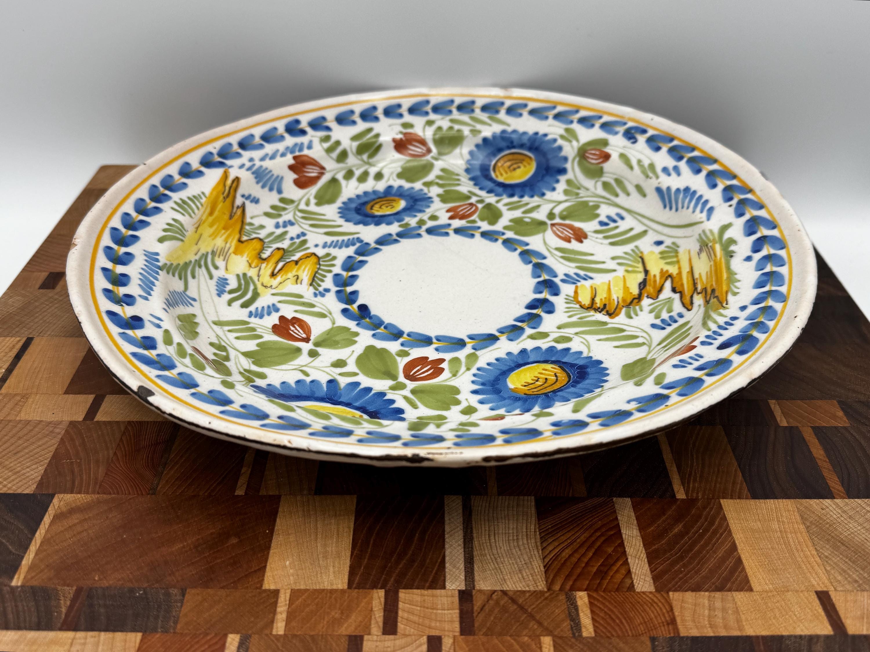 Antique French Faience Plate: Hand-painted Floral Folk Art, 12 Inch - Etsy