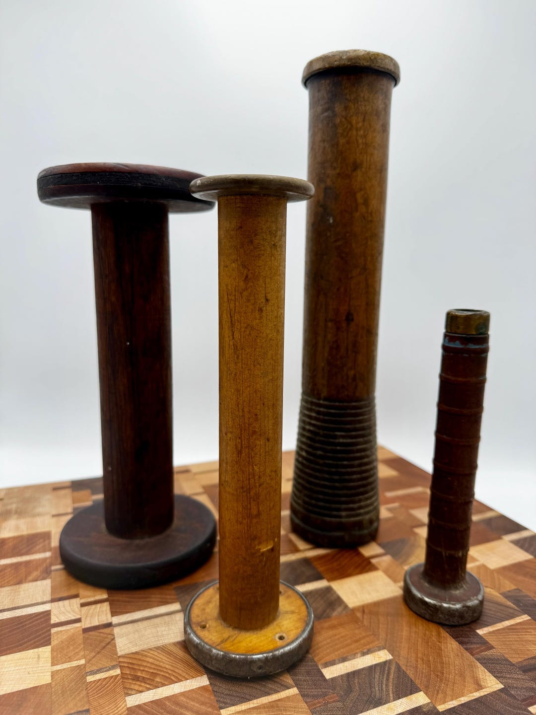 Four Decorative Antique Wooden Industrial Textile Spools and Mill ...