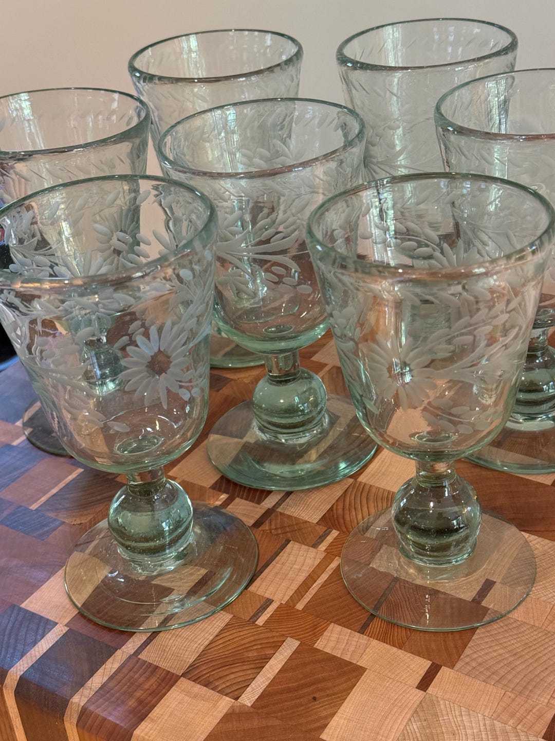 Vintage Etched Hand Blown Pale Green Glass Goblets or Wine Glasses - Etsy