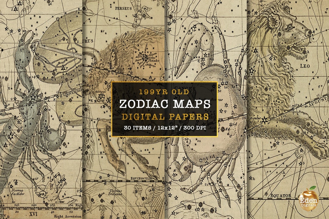 199 Year Old Zodiac Atlas Maps, 30 Digital Papers, Astrology, Celestial ...