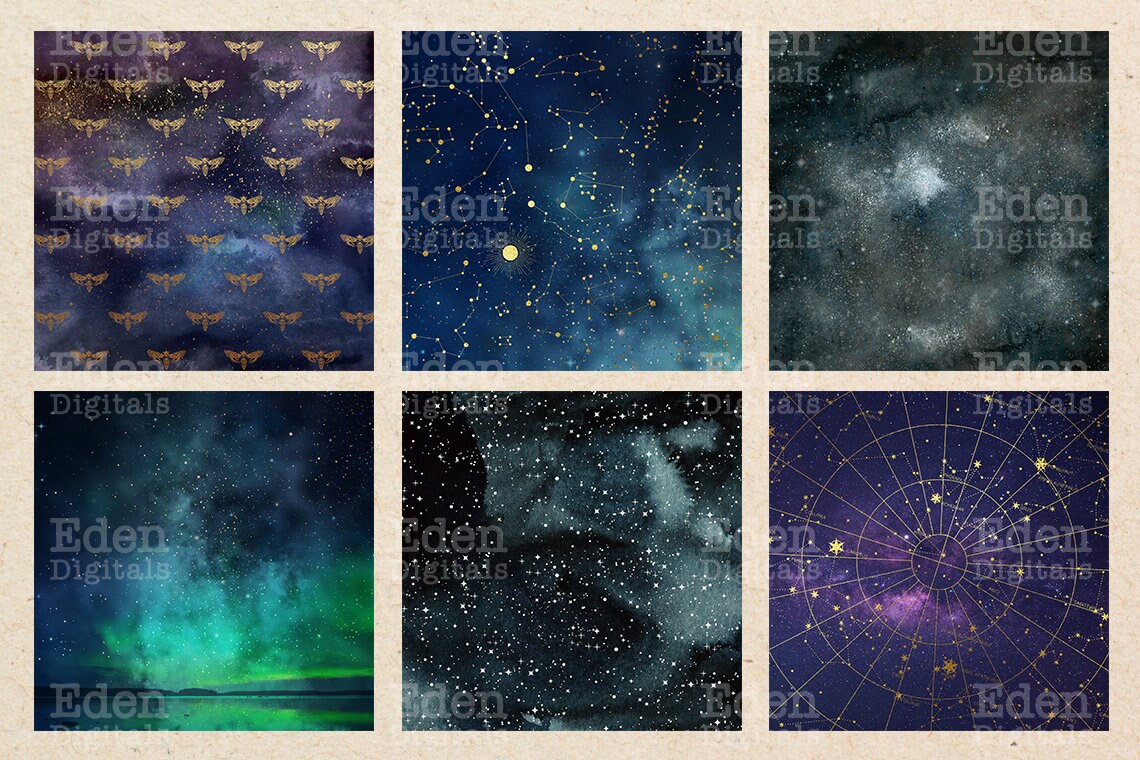 Celestial Starry Night Digital Papers, Cosmic Galaxy Background, Star ...