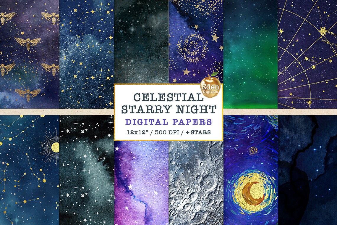 Celestial Starry Night Digital Papers, Cosmic Galaxy Background, Star ...
