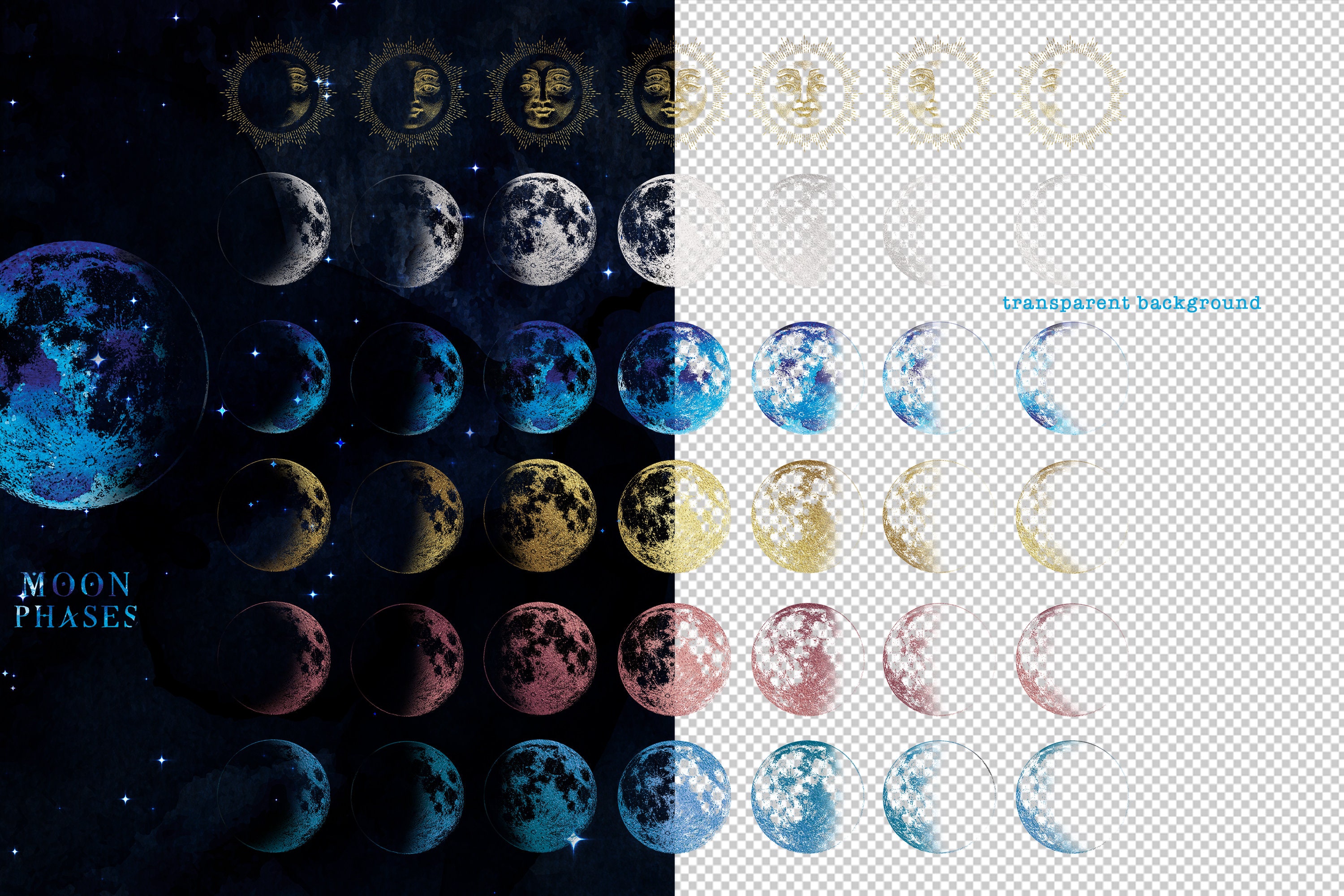 Moon Phases Clipart, PNG Format, Multiple Coloured Moons (inc. 3 ...