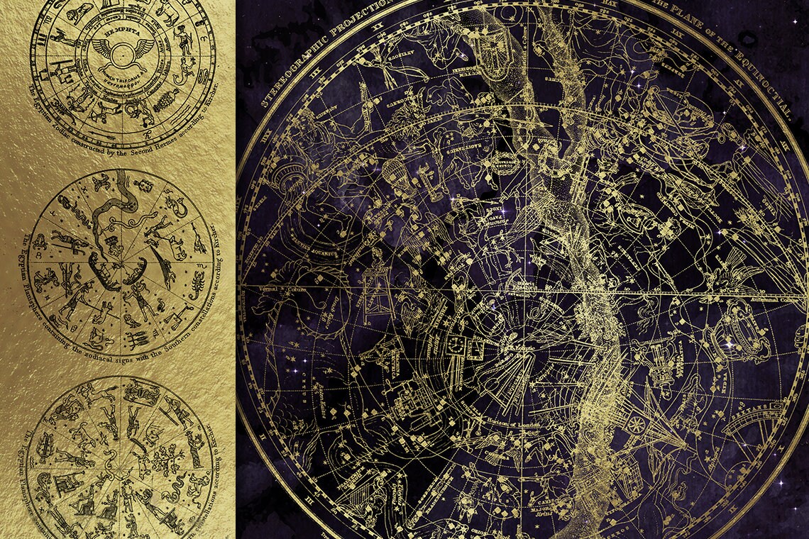 199 Year Old Zodiac Atlas Maps, 30 Digital Papers, Astrology, Celestial ...