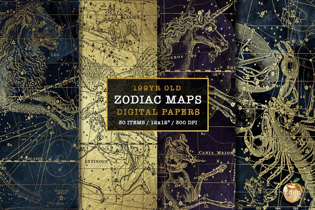 199 Year Old Zodiac Atlas Maps, 30 Digital Papers, Astrology, Celestial ...