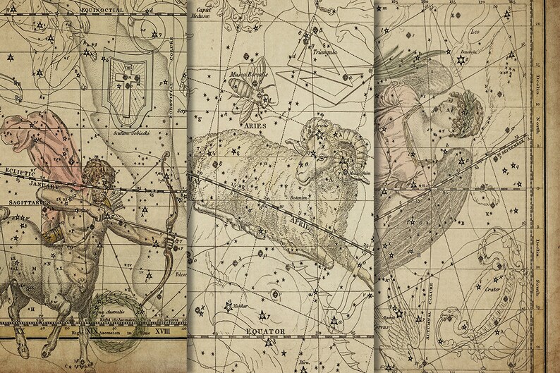 199 Year Old Zodiac Atlas Maps, 30 Digital Papers, Astrology, Celestial ...
