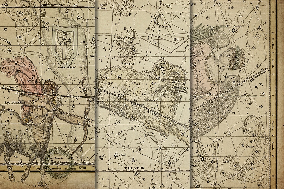 199 Year Old Zodiac Atlas Maps, 30 Digital Papers, Astrology, Celestial ...