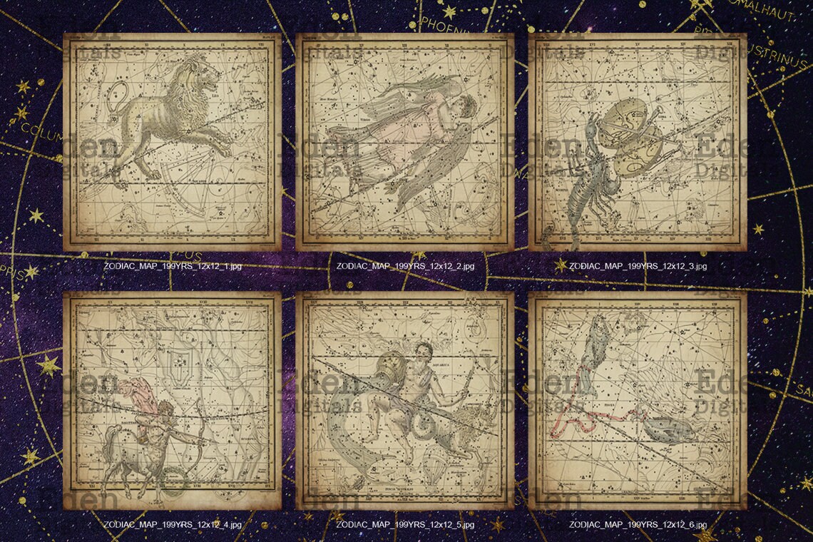 199 Year Old Zodiac Atlas Maps, 30 Digital Papers, Astrology, Celestial ...