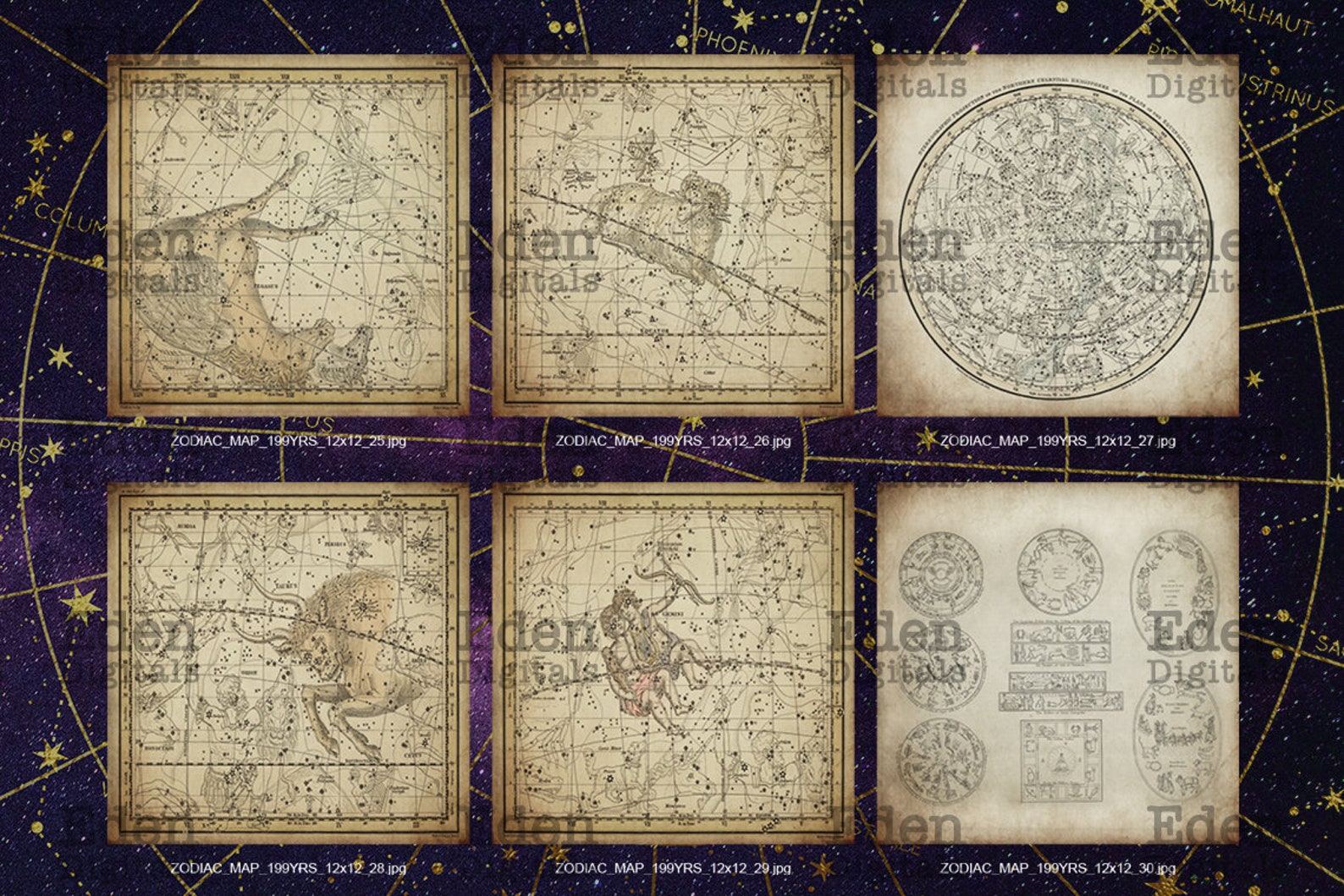 199 Year Old Zodiac Atlas Maps, 30 Digital Papers, Astrology, Celestial ...