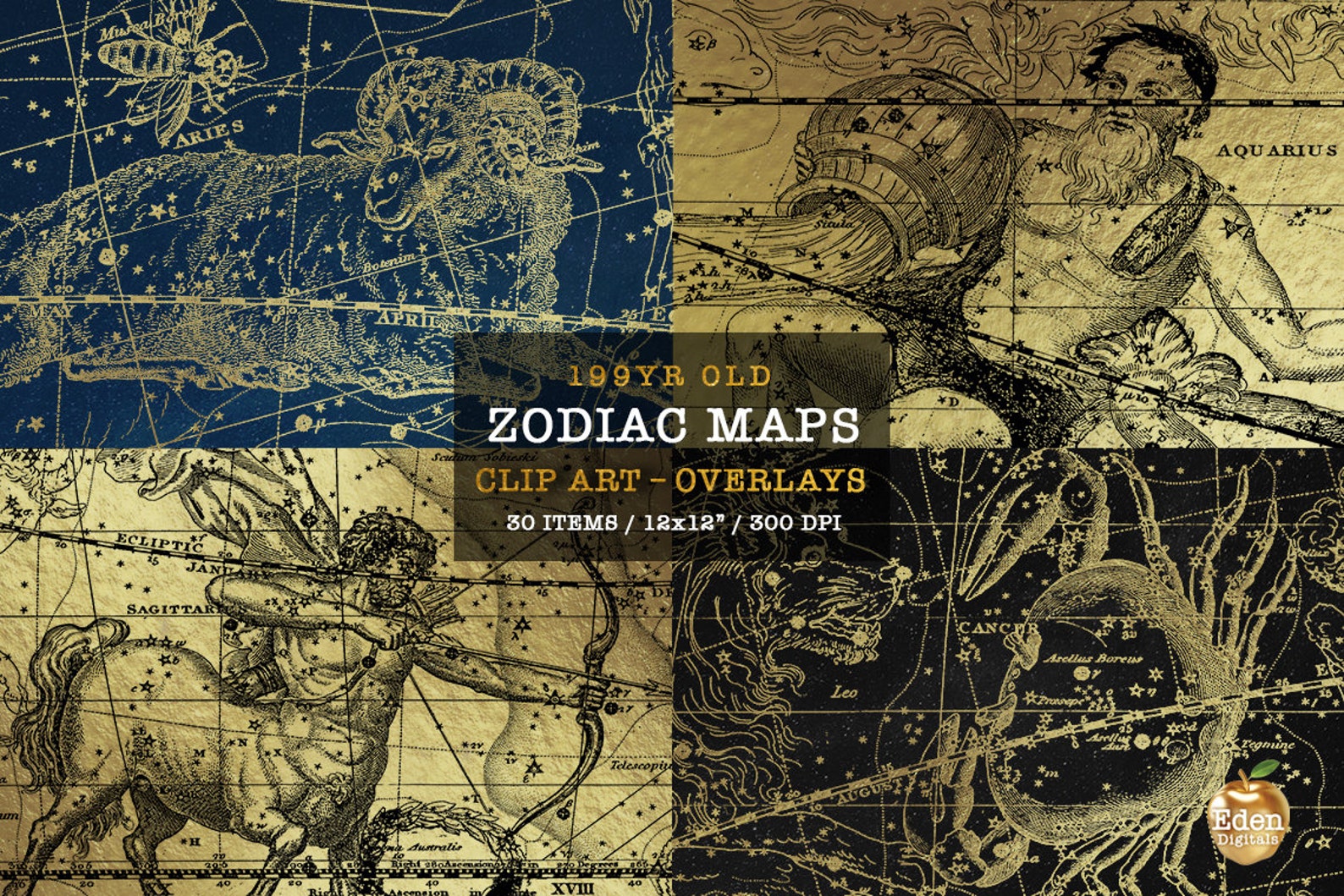 199 Year Old Zodiac Atlas Maps, 90! PNG Overlays, Clipart, Astrology ...