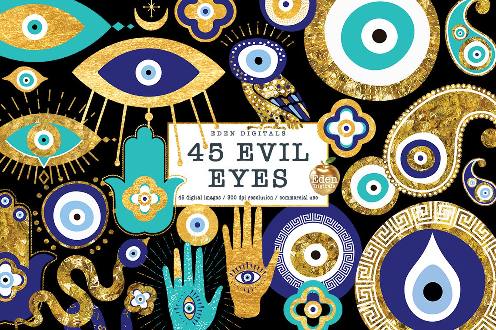 Evil Eye Clipart Bundle, Gold Foil Greek Evil Eye, Third Eye, Hamsa ...
