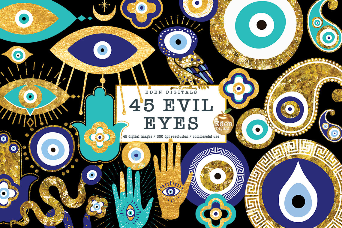 Evil Eye Clipart Bundle, Gold Foil Greek Evil Eye, Third Eye, Hamsa ...