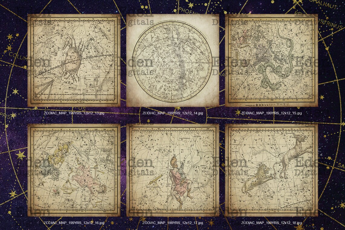 199 Year Old Zodiac Atlas Maps, 30 Digital Papers, Astrology, Celestial ...