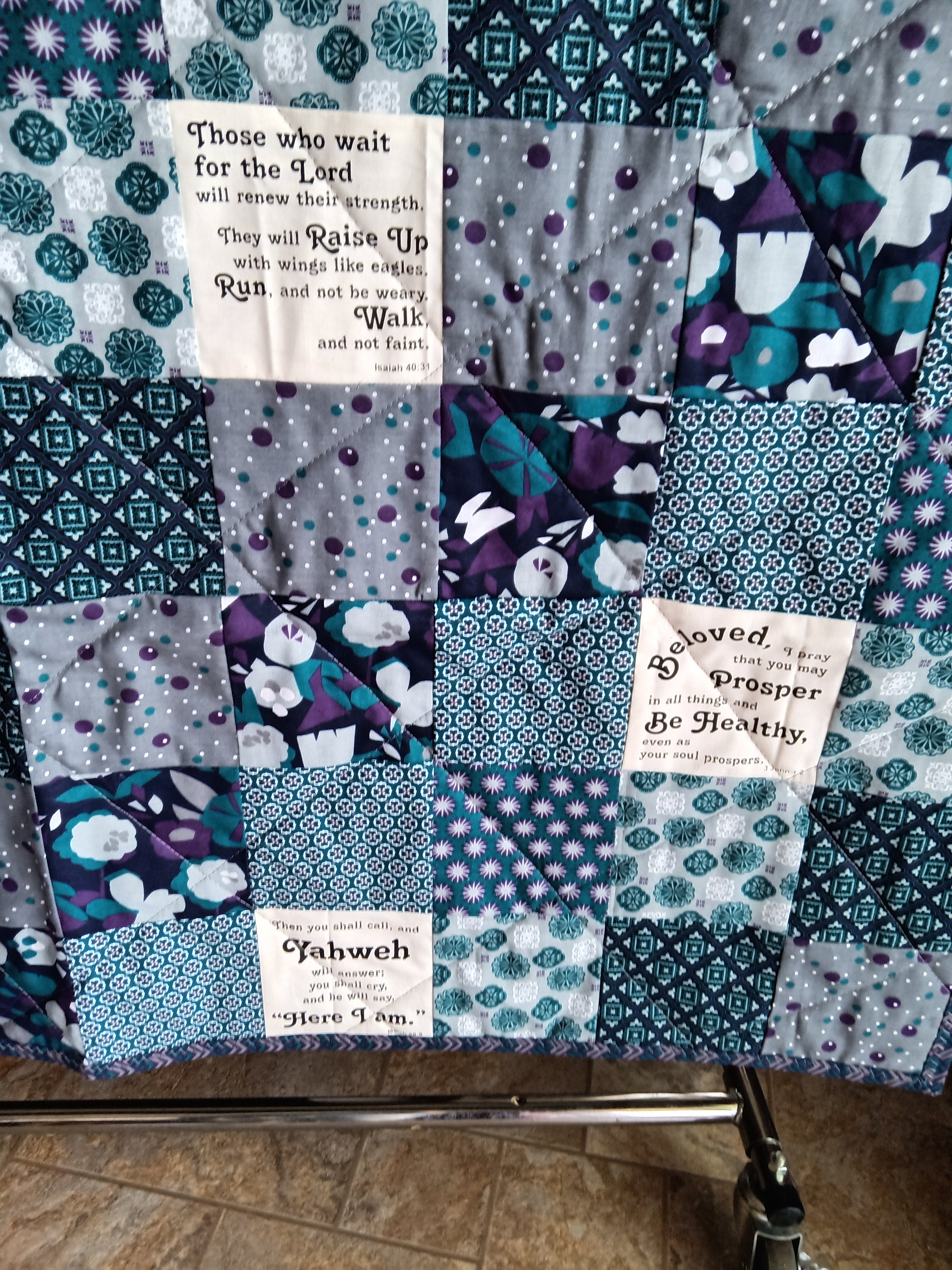 Bible Verses Prayer Squares Homemade Throw Quilt teal, Gray and Purple ...
