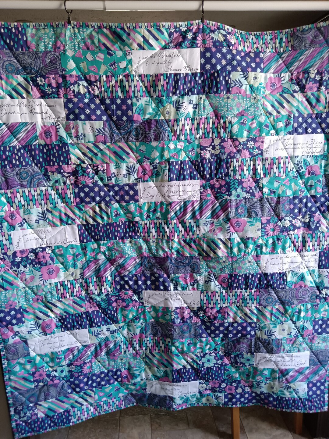 Beatitudes Bible Verses Homemade Throw Quilt (teal, Mauve, Blue) - Etsy