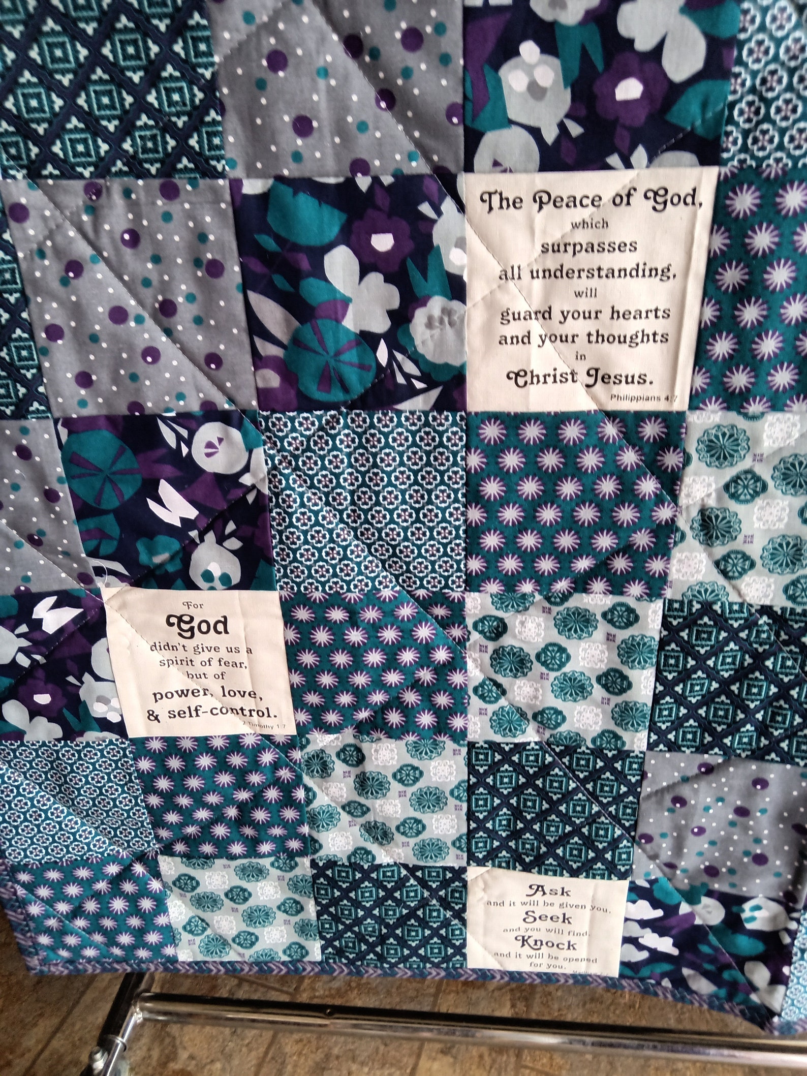 Bible Verses Prayer Squares Homemade Throw Quilt teal, Gray and Purple ...