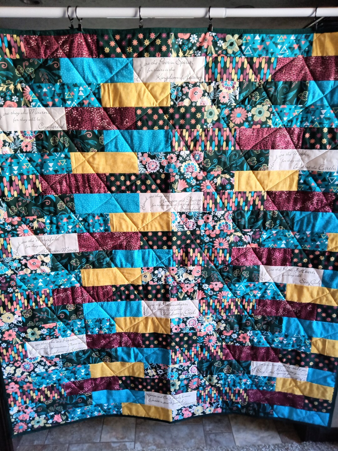 Beatitudes Bible Verses Homemade Throw Quilt (green, Yellow, Teal ...