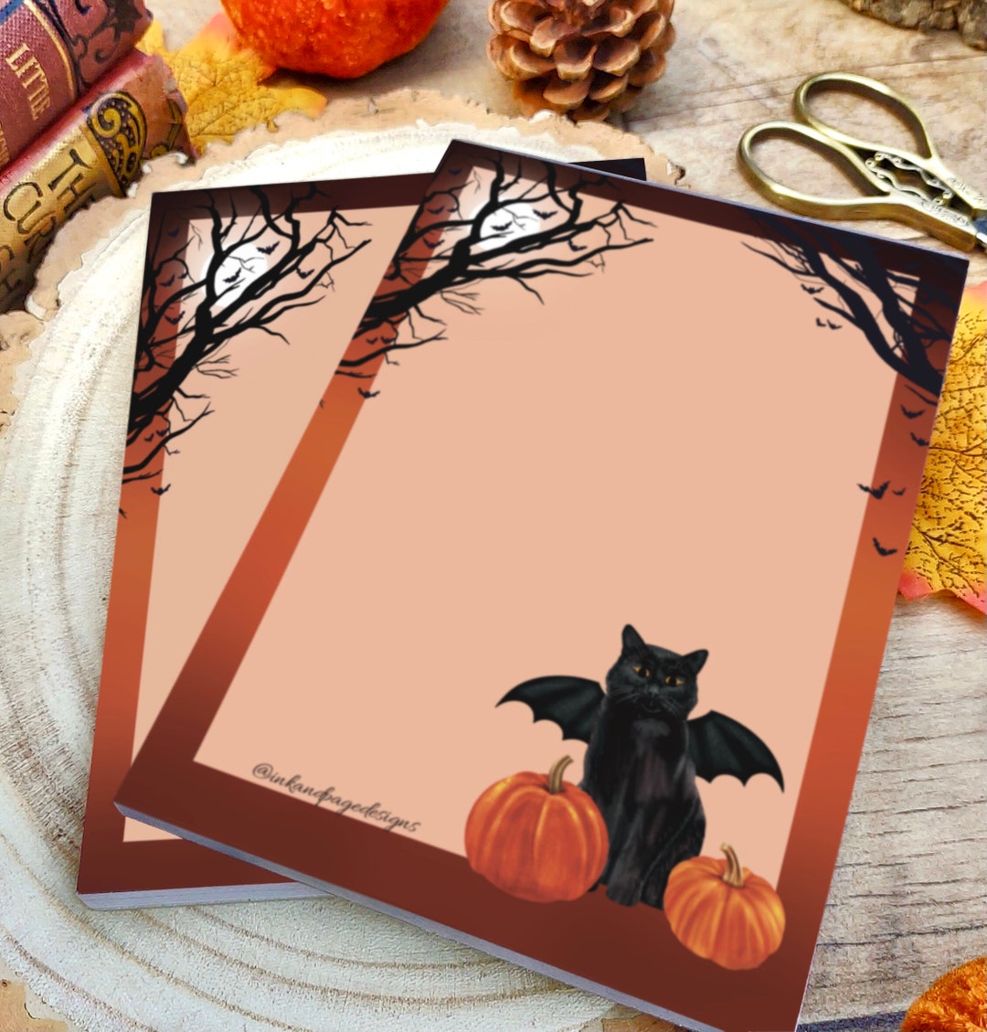 Spooky Black Cat (bat-cat) A6 Notepad | Illustrated Black Cat Halloween ...