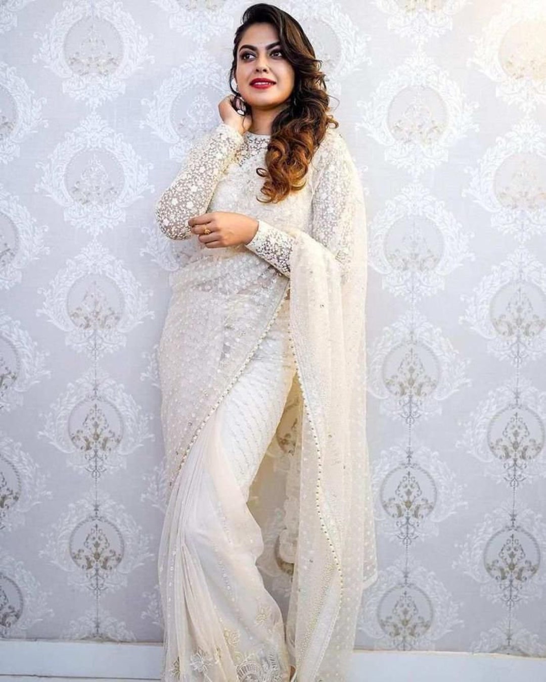 White Sari Net Sari Sequins Embroidery Work Saree Bollywood Celerity ...