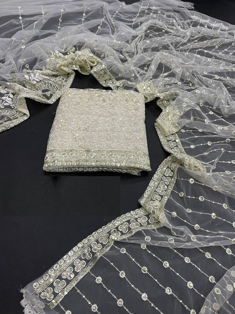 White Sari Net Sari Sequins Embroidery Work Saree Bollywood - Etsy