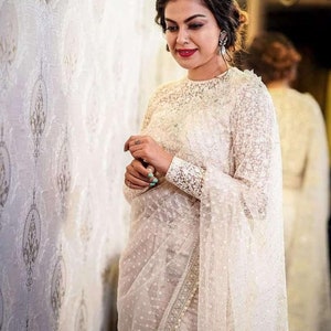 White Sari Net Sari Sequins Embroidery Work Saree Bollywood Celerity ...