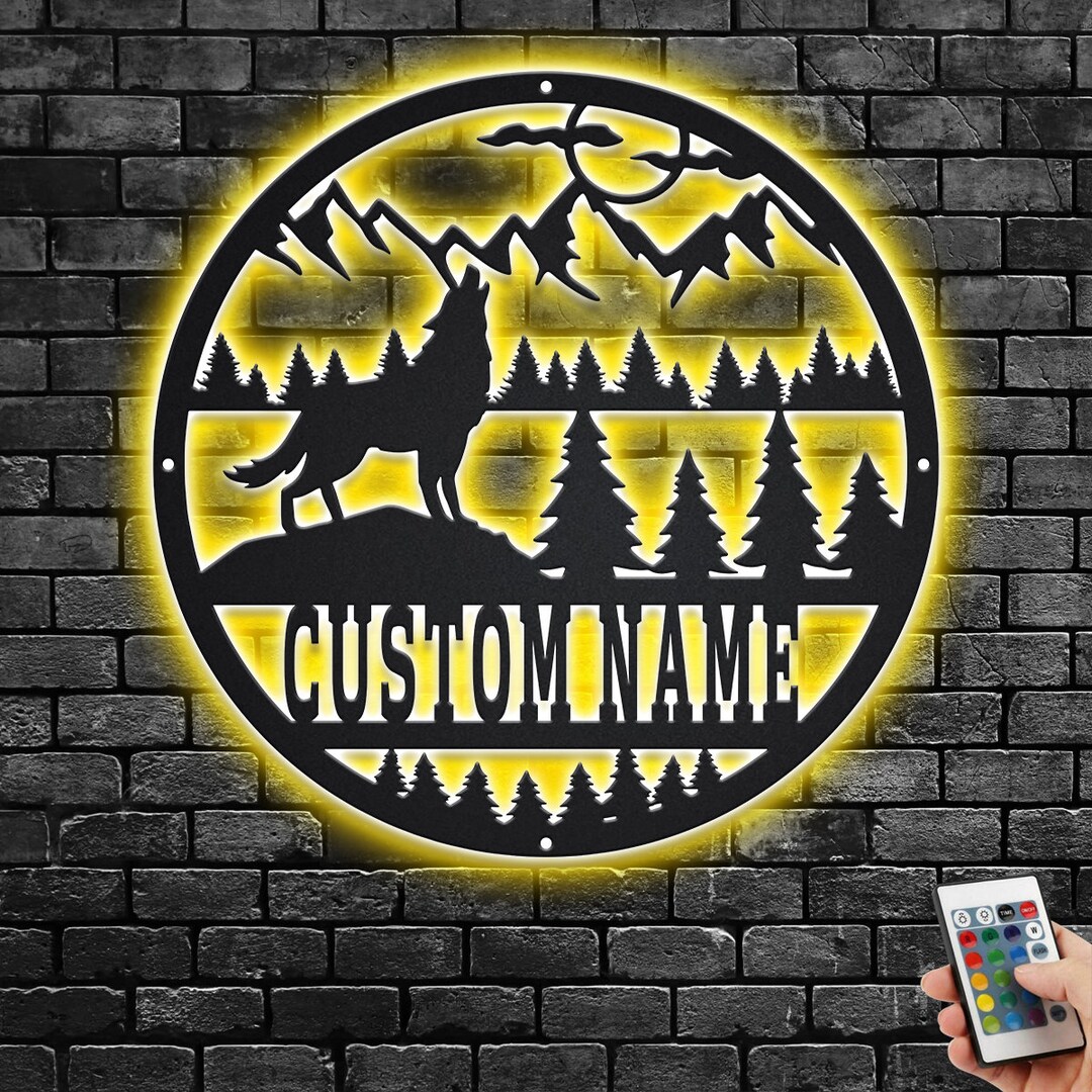 Custom Wolf Metal Wall Art With LED Light, Personalized Wolf Name Sign ...